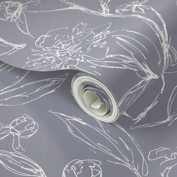 Spoonflower White Flowers Floral Nature Hand Drawn Traditional Wallpaper - White,gray