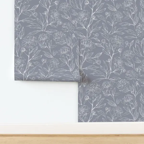 Spoonflower White Flowers Floral Nature Hand Drawn Traditional Wallpaper - White,gray