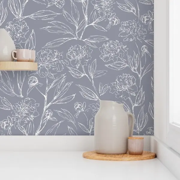 Spoonflower White Flowers Floral Nature Hand Drawn Traditional Wallpaper - White,gray