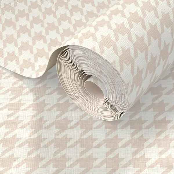 Spoonflower The Houndstooth Check ~ Aurore And White 100% Natural Sisal Grasscloth Wallcovering - Pink,white