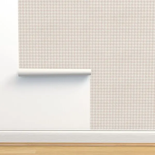 Spoonflower The Houndstooth Check ~ Aurore And White 100% Natural Sisal Grasscloth Wallcovering - Pink,white