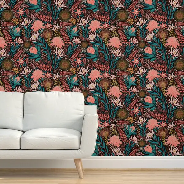 Spoonflower Protea Garden Teal Accents 100% Natural Sisal Grasscloth Wallcovering - Teal,blue