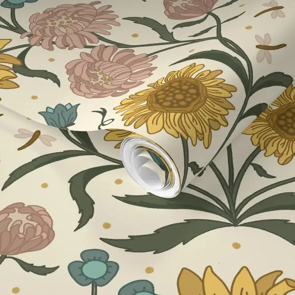 Spoonflower Pink Vintage Yellow Floral Sunflower Pretty Custom Pre-pasted Wallpaper - Beige,green