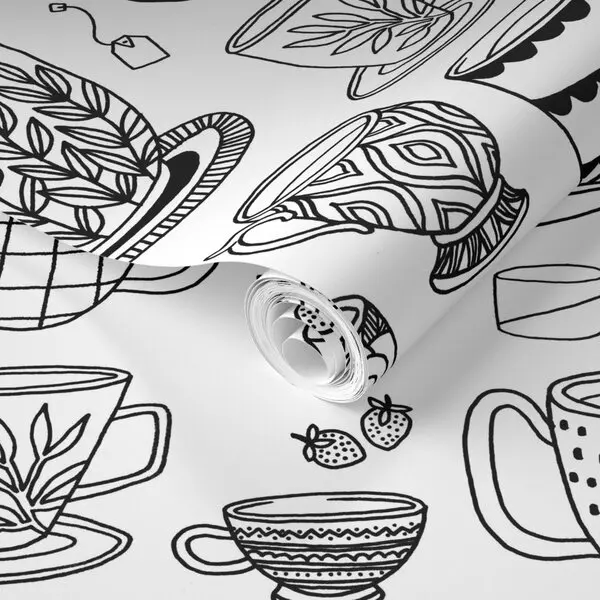 Spoonflower Black White Coffee Tea Cups Teacups Coloring Custom Removable Wallpaper - Black,white,gray
