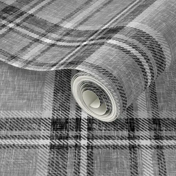 Spoonflower Plaid Tartan Stewart Grayscale Weave Texture Custom Removable Wallpaper - Black,white,gray