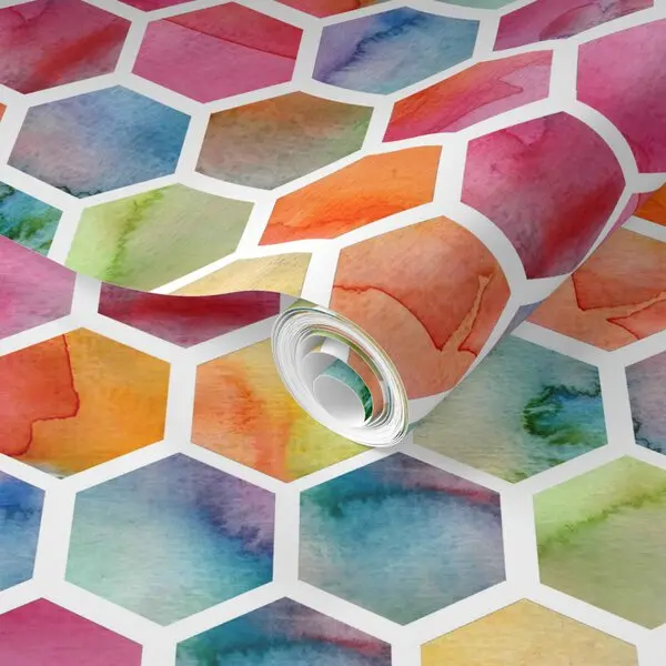 Spoonflower Hexagon Watercolour Watercolor Shapes Custom Pre-pasted Wallpaper - Rainbow
