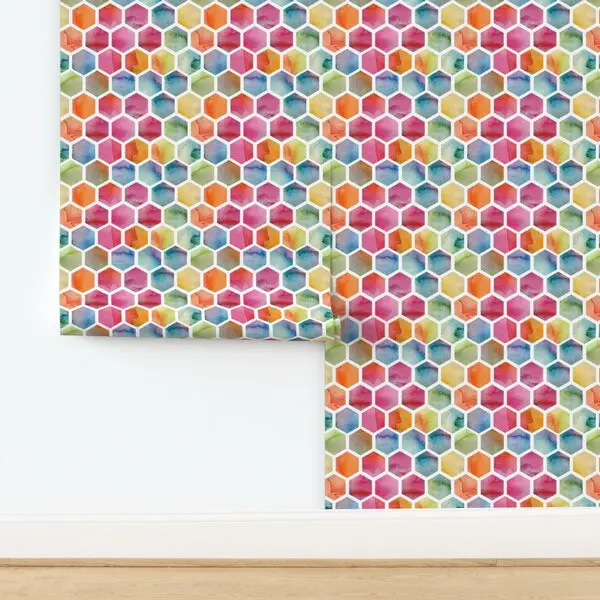 Spoonflower Hexagon Watercolour Watercolor Shapes Custom Removable Wallpaper - Rainbow
