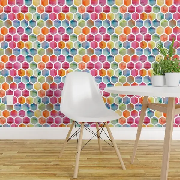 Spoonflower Hexagon Watercolour Watercolor Shapes Custom Removable Wallpaper - Rainbow