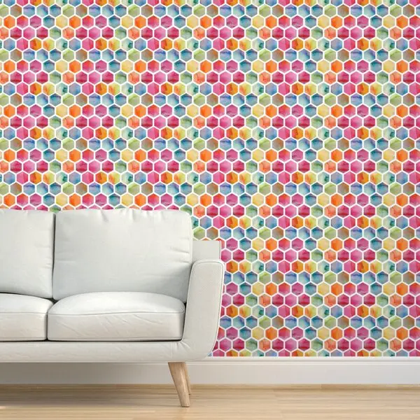Spoonflower Hexagon Watercolour Watercolor Shapes Custom Removable Wallpaper - Rainbow