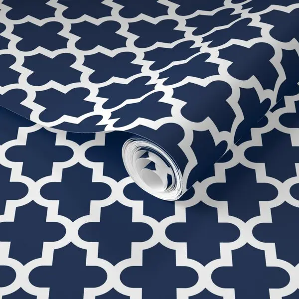 Spoonflower Navy Blue Moroccan Modern Pattern Quatrefoil Traditional Wallpaper - Blue,white,gray