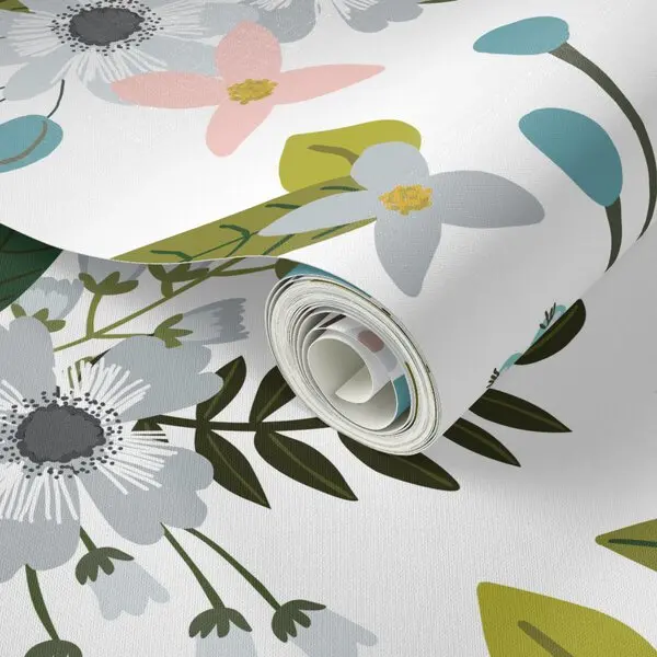 Spoonflower Sprigs Blooms Silver Flowers Floral Gray Custom Removable Wallpaper - Gray,white,green