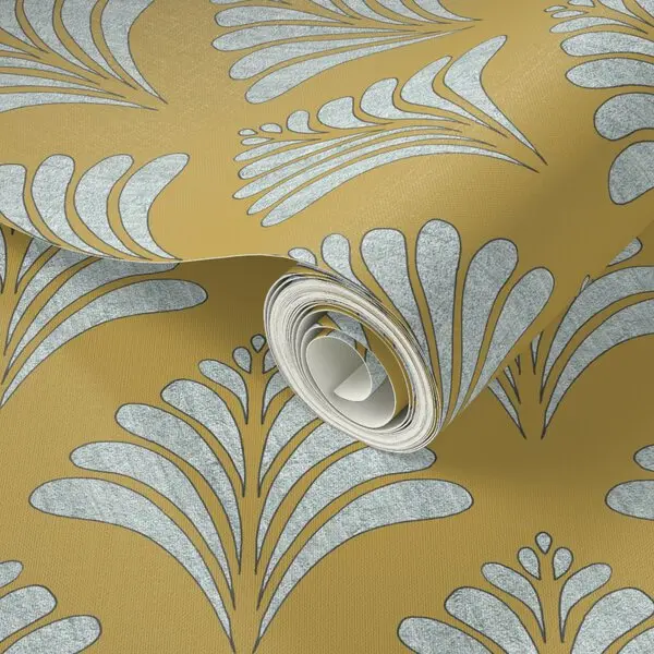 Spoonflower Mustard Silver Vintage Inspired Retro Custom Removable Wallpaper - Brown,blue,gray