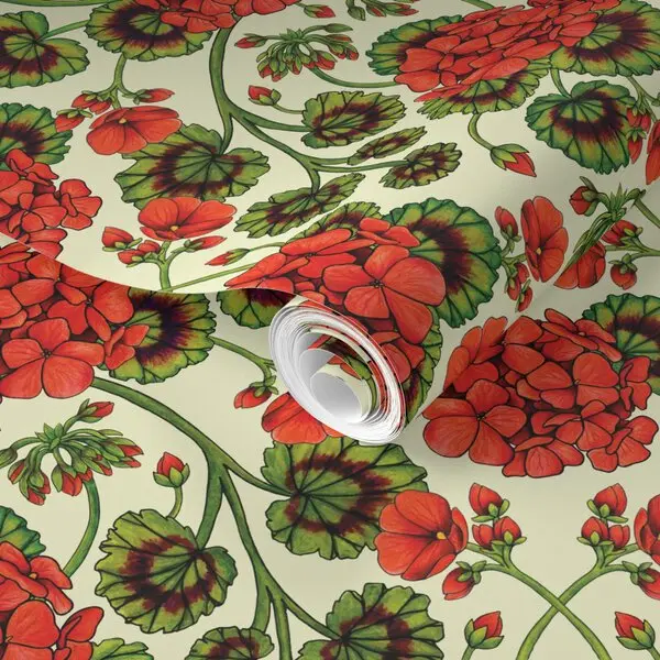 Spoonflower Green Flowers Leaves Red Floral Pretty Spring Custom Pre-pasted Wallpaper - Brown,green,white