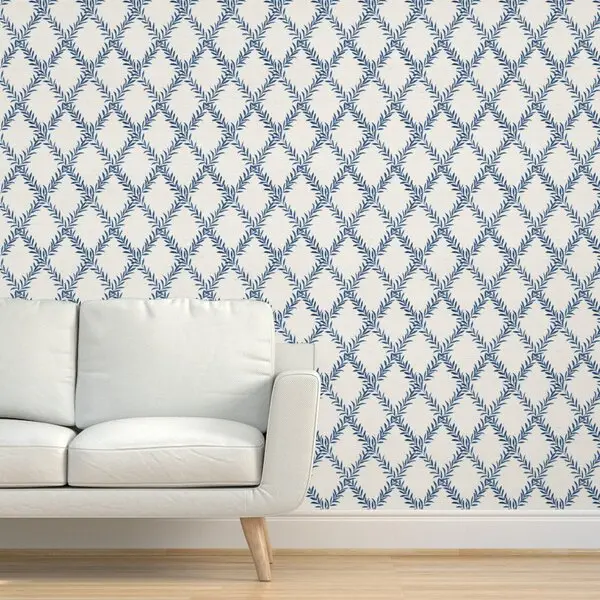 Spoonflower Leafy Trellis Blue On White 100% Natural Sisal Grasscloth Wallcovering - Blue,white