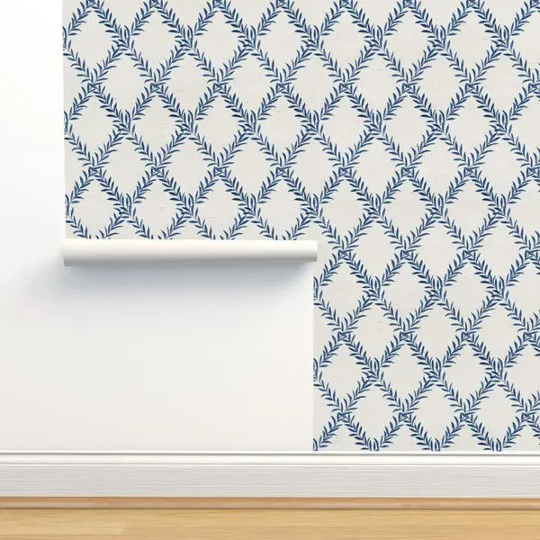 Spoonflower Leafy Trellis Blue On White 100% Natural Sisal Grasscloth Wallcovering - Blue,white