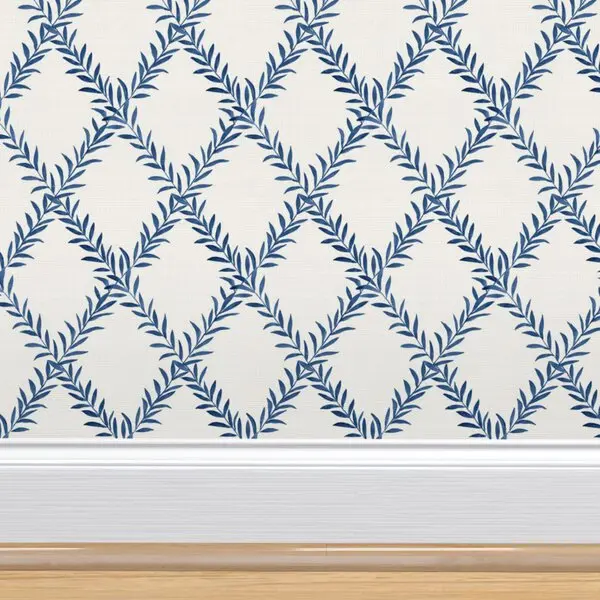 Spoonflower Leafy Trellis Blue On White 100% Natural Sisal Grasscloth Wallcovering - Blue,white