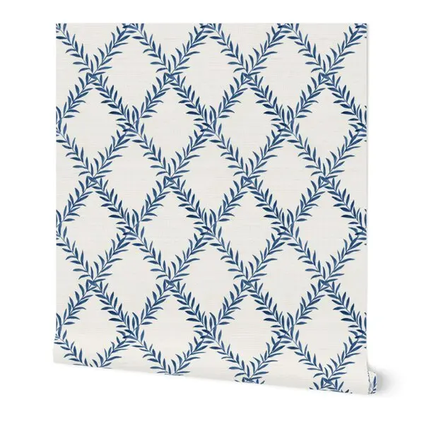 Spoonflower Leafy Trellis Blue On White 100% Natural Sisal Grasscloth Wallcovering - Blue,white