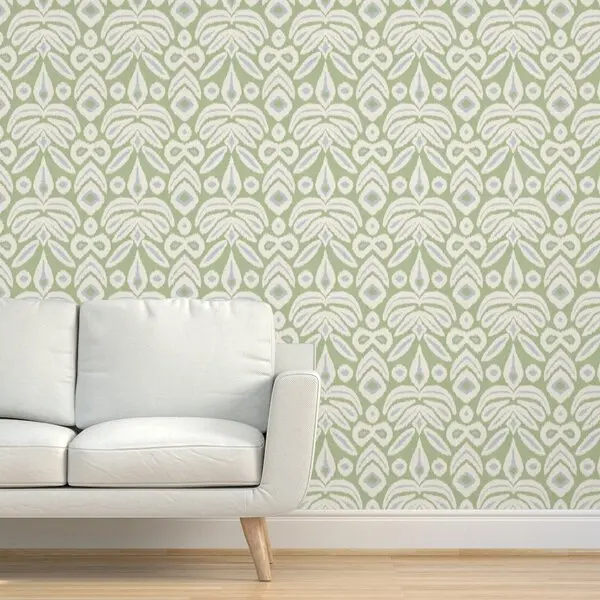 Spoonflower Reverse Soft Blue And Ikat 100% Natural Sisal Grasscloth Wallcovering - Green