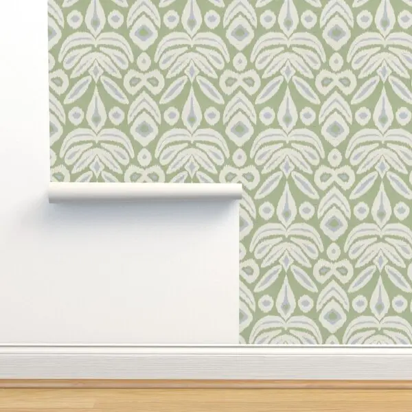Spoonflower Reverse Soft Blue And Ikat 100% Natural Sisal Grasscloth Wallcovering - Green