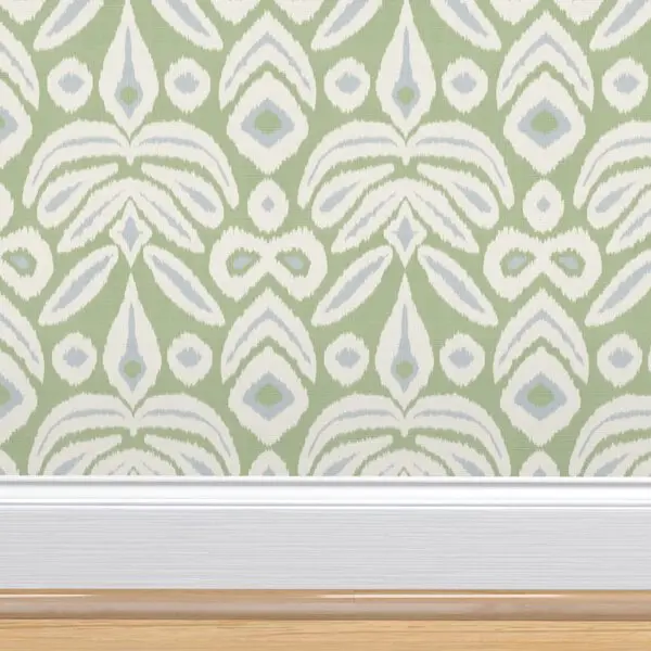 Spoonflower Reverse Soft Blue And Ikat 100% Natural Sisal Grasscloth Wallcovering - Green