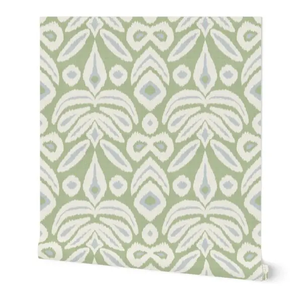 Spoonflower Reverse Soft Blue And Ikat 100% Natural Sisal Grasscloth Wallcovering - Green