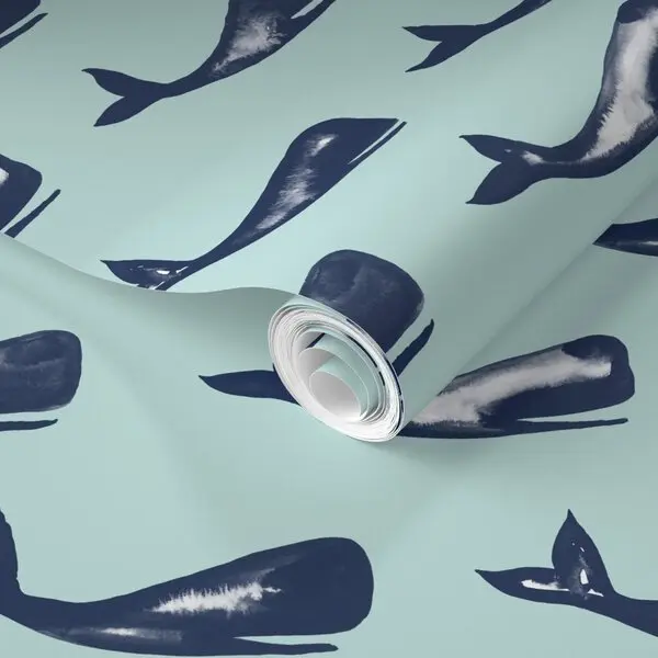 Spoonflower Whales Nautical Navy Ocean Beach Custom Pre-pasted Wallpaper