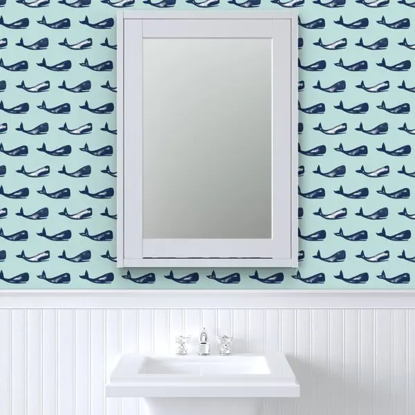 Spoonflower Whales Nautical Navy Ocean Beach Custom Pre-pasted Wallpaper