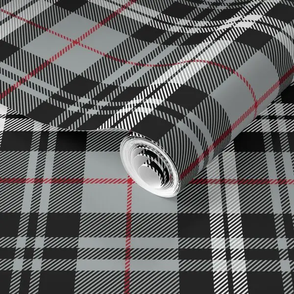 Spoonflower Fall Plaid Red Stripe Black Gray White Tartan Custom Pre-pasted Wallpaper - Gray,red,black