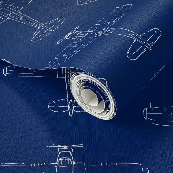 Spoonflower Flight Airplanes Army Military Sketches Custom Pre-pasted Wallpaper - Blue