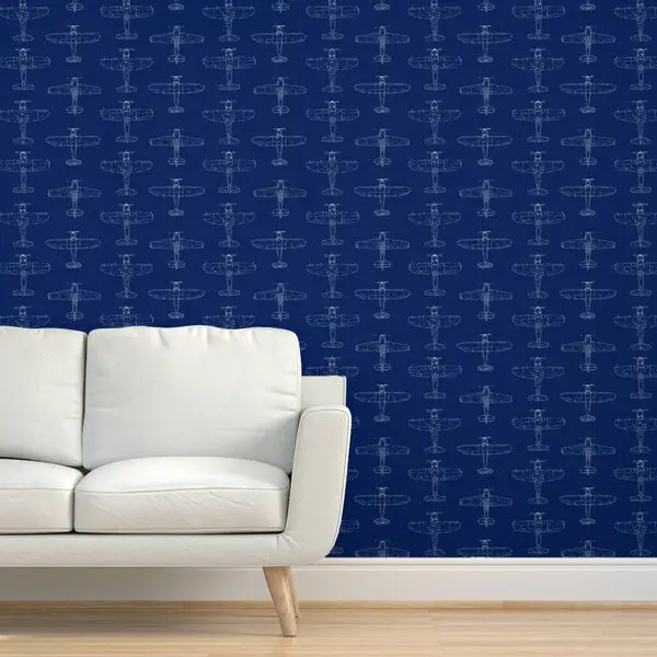 Spoonflower Flight Airplanes Army Military Sketches Custom Pre-pasted Wallpaper - Blue