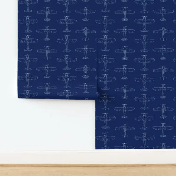 Spoonflower Flight Airplanes Army Military Sketches Custom Pre-pasted Wallpaper - Blue