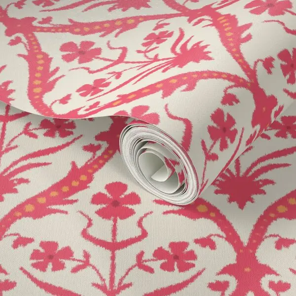 Spoonflower Pink Flowers Floral Damask Trellis Ikat Traditional Wallpaper - Red,pink