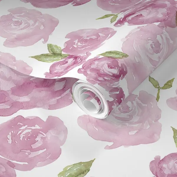 Spoonflower Plum Watercolor Rose Purple Wildflower Peony Traditional Wallpaper - Pink,purple,brown