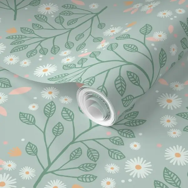 Spoonflower Floral Retro 1950s Daisy Tea Party Custom Pre-pasted Wallpaper - Gray,mint,blue