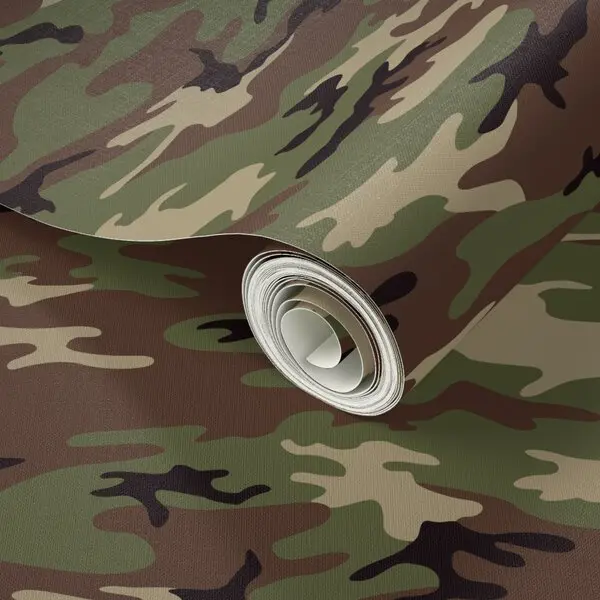 Spoonflower Camo Camouflage Green Brown Hunting Military Custom Removable Wallpaper - Brown,green