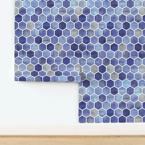 Spoonflower Purple Geometric Patchwork Blue And White Custom Pre-pasted Wallpaper