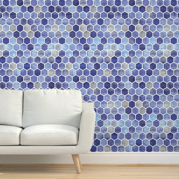 Spoonflower Purple Geometric Patchwork Blue And White Custom Pre-pasted Wallpaper