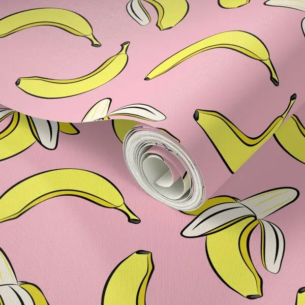Spoonflower Bananas Pink Food Fruit Summer Breakfast Banana Custom Pre-pasted Wallpaper - Pink,yellow,red