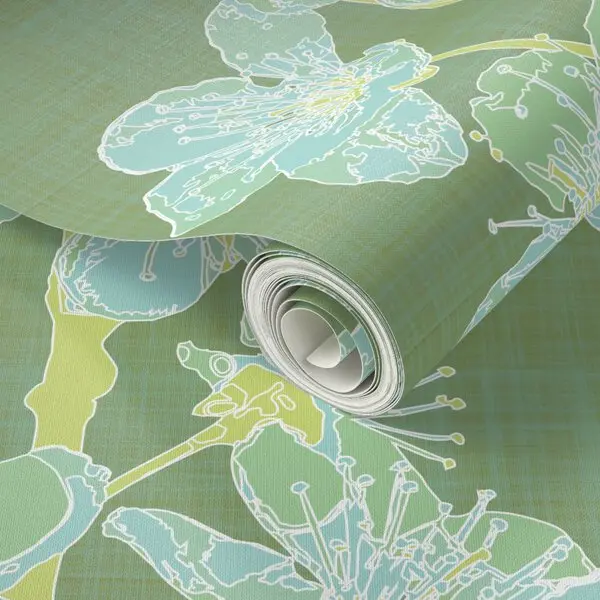 Spoonflower Cherry Sprigs Sage Blossom Green Stripe Blue Custom Pre-pasted Wallpaper - Green,blue,mint