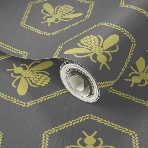 Spoonflower Hive Bee Gray Yellow Honey Modern Custom Pre-pasted Wallpaper - Gray,yellow,green