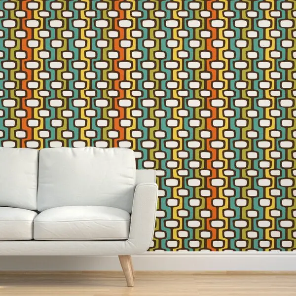 Spoonflower 1960s Retro Atomic Modern Abstract Shapes Mid 100% Natural Sisal Grasscloth Wallcovering