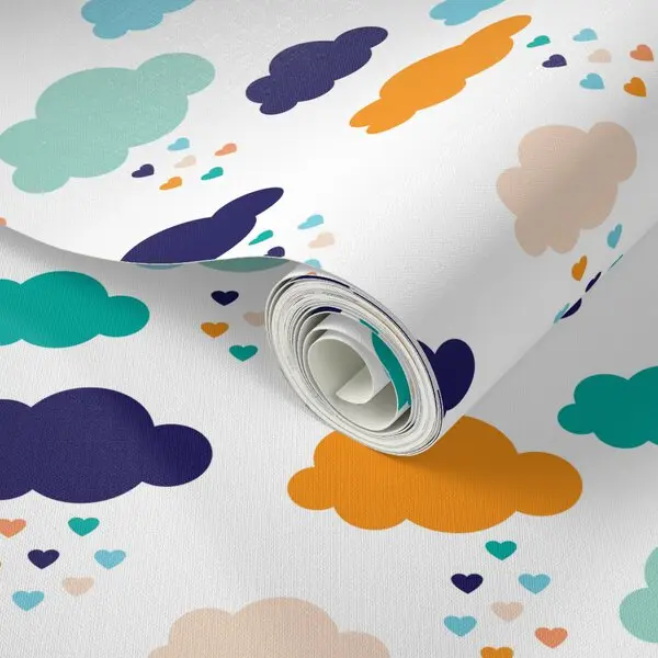 Spoonflower Colorful Scandinavian Style Modern Clouds Hearts Custom Removable Wallpaper - Blue,orange,gray