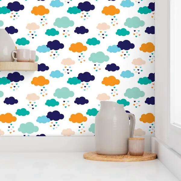 Spoonflower Colorful Scandinavian Style Modern Clouds Hearts Custom Removable Wallpaper