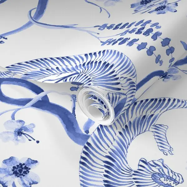 Spoonflower Chinoiserie Tiger Blossom Watercolour Flowers Blue Custom Pre-pasted Wallpaper - Blue,white,gray