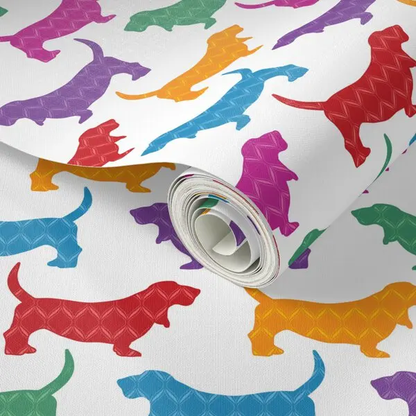 Spoonflower Bassets Ogee Basset Hound Rainbow Dog Puppy Custom Pre-pasted Wallpaper - Blue,pink,gray