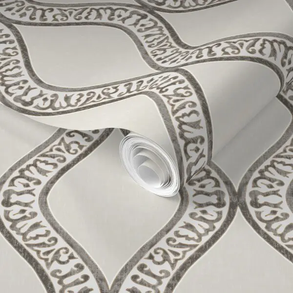 Spoonflower Damask French Lattice Trellis Idclassic19 Custom Pre-pasted Wallpaper - Gray