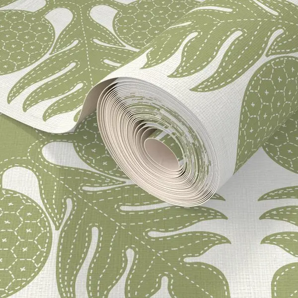 Spoonflower Large Ulu Sage On White 100% Natural Sisal Grasscloth Wallcovering - Sage,green