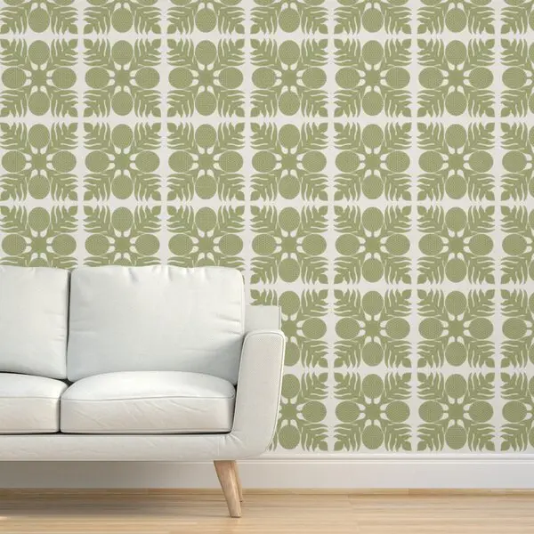 Spoonflower Large Ulu Sage On White 100% Natural Sisal Grasscloth Wallcovering