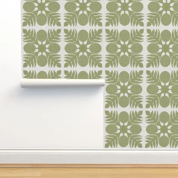 Spoonflower Large Ulu Sage On White 100% Natural Sisal Grasscloth Wallcovering
