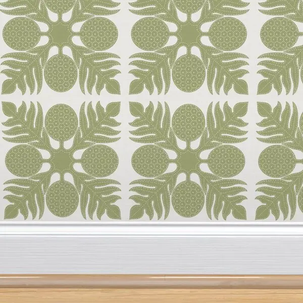 Spoonflower Large Ulu Sage On White 100% Natural Sisal Grasscloth Wallcovering